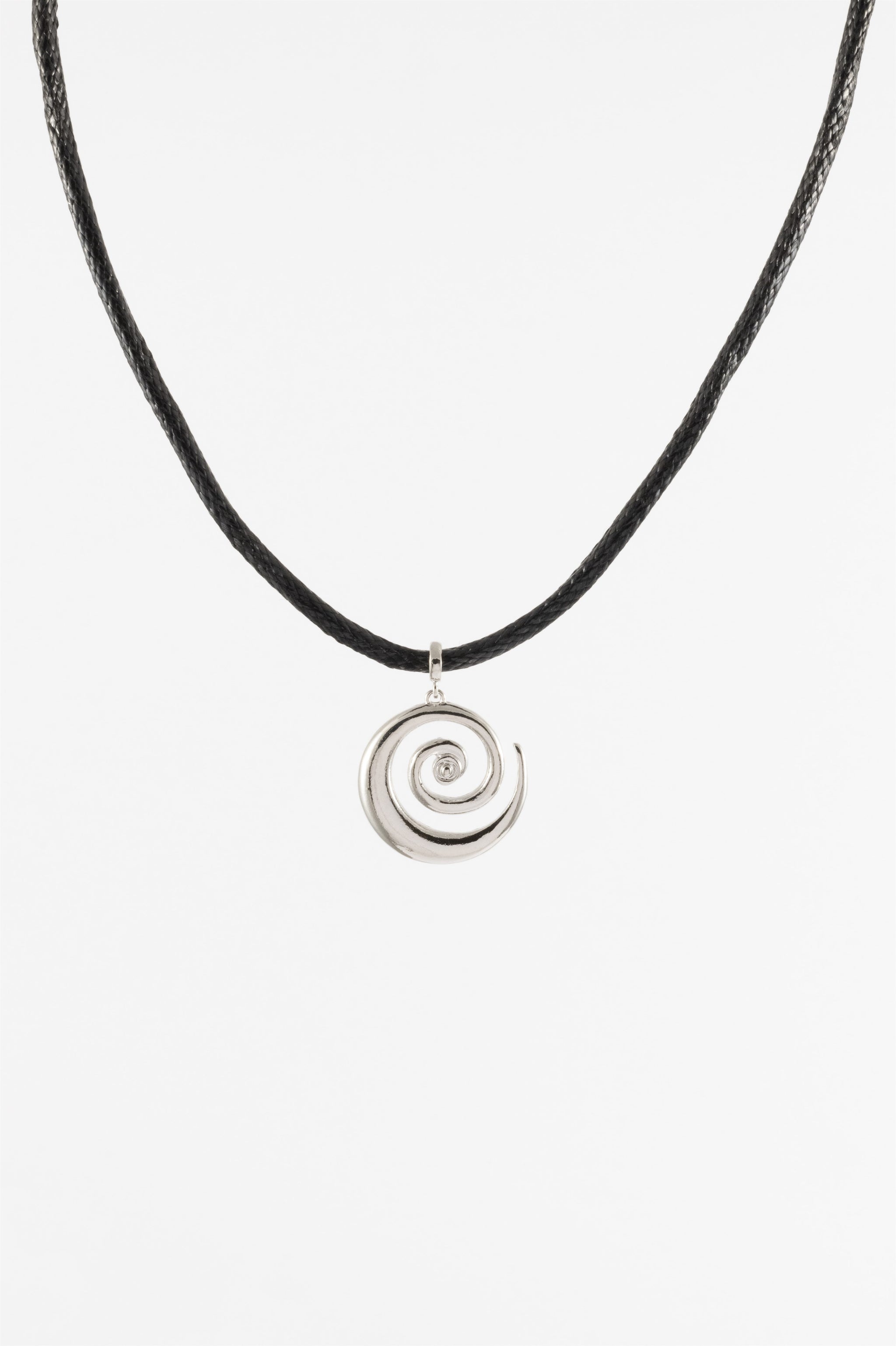 SILVER POLISHED SWIRL PENDANT ON 45CM BLACK CORD