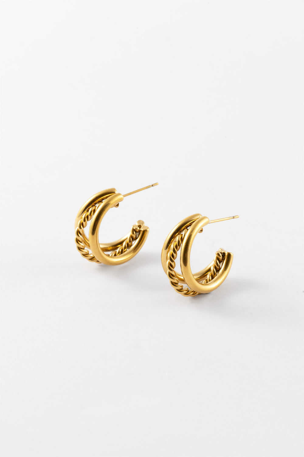 WATERPROOF GOLD C SHAPED LAYERED HOOPS WITH TWIST