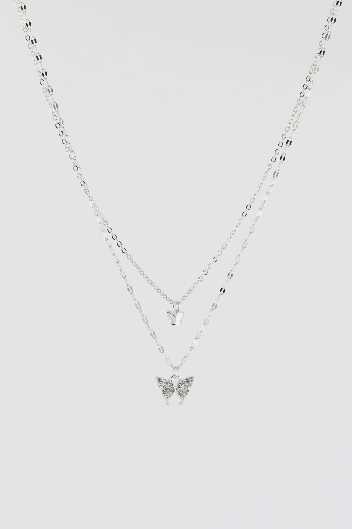 SILVER DOUBLE LAYERED BUTTERFLY PENDANT CHAIN NECK