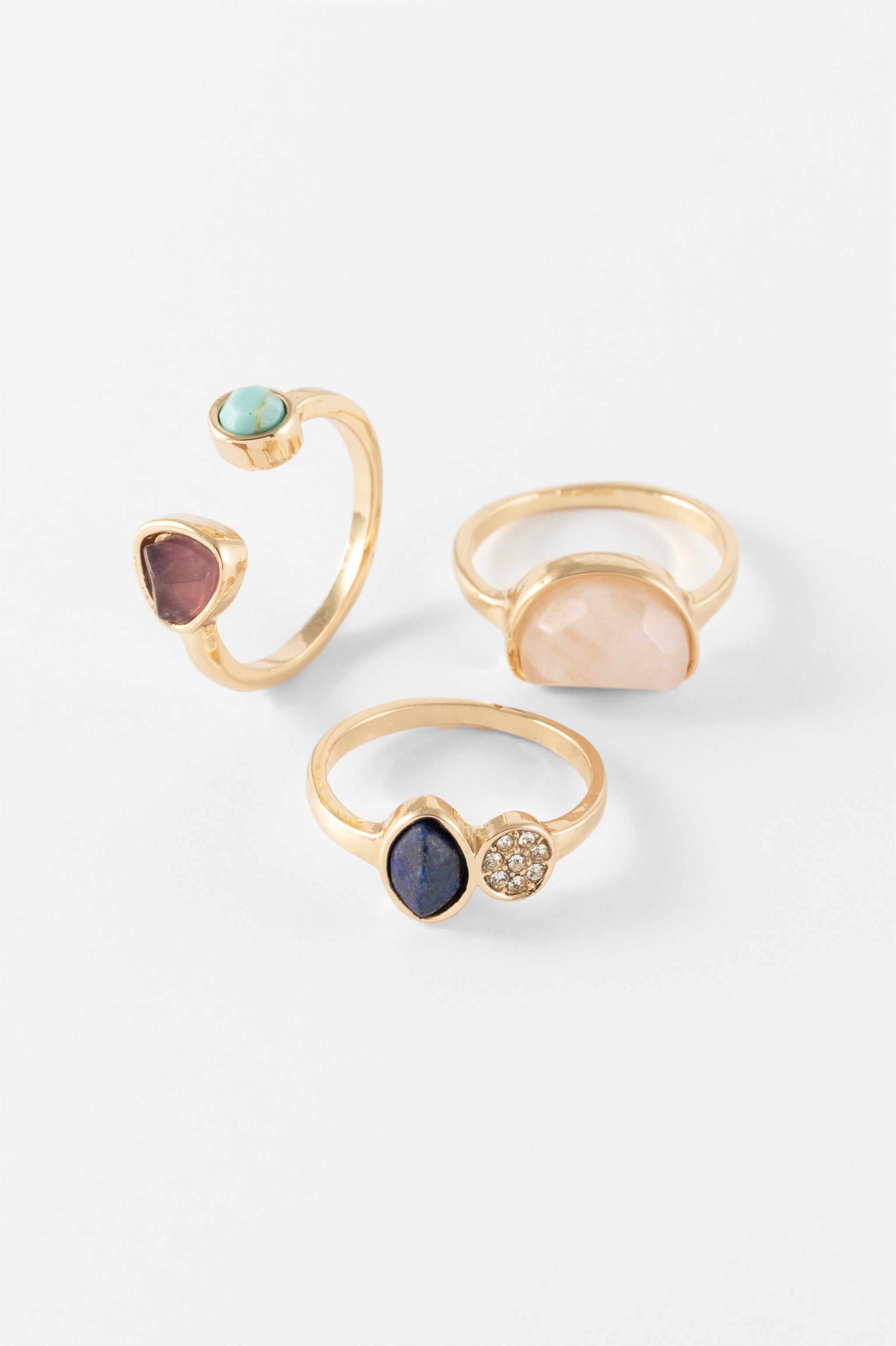 GOLD ROSE QUARTZ AMETHYST LAPIS AND TURQ RING PACK