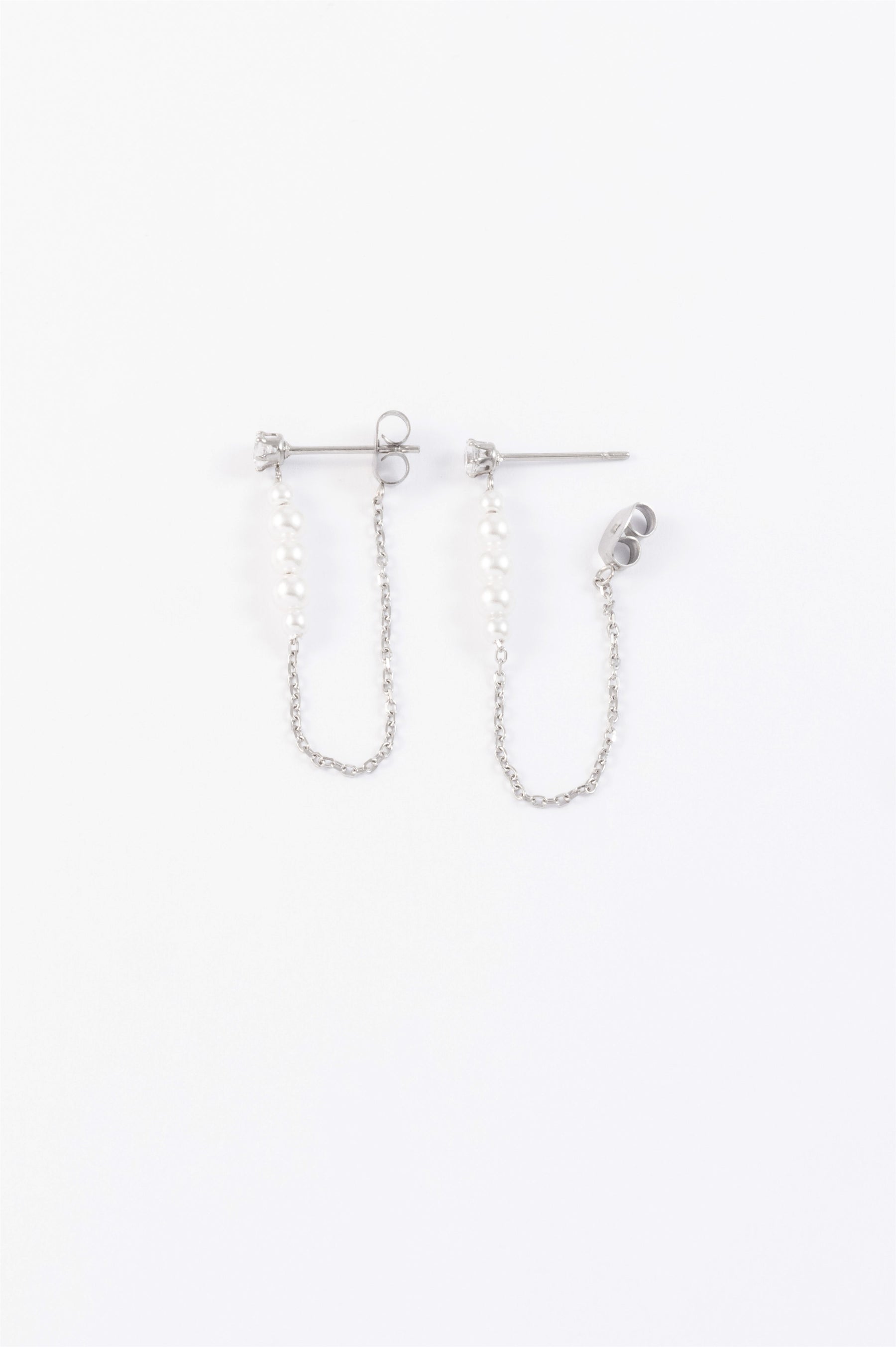 SILVER PEARL STRAND CHAIN FRONT & BACK EARRING